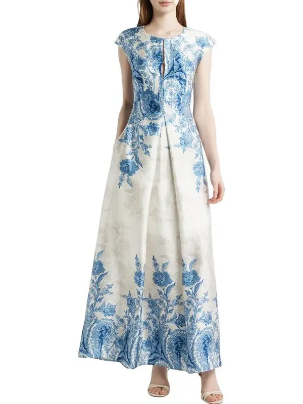 Vince Camuto Paisley Floral Satin Maxi Dress - Blue Multi