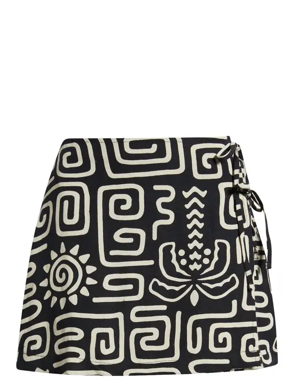 Rip Curl Printed Linen Blend Wrap Miniskirt - Black/off White
