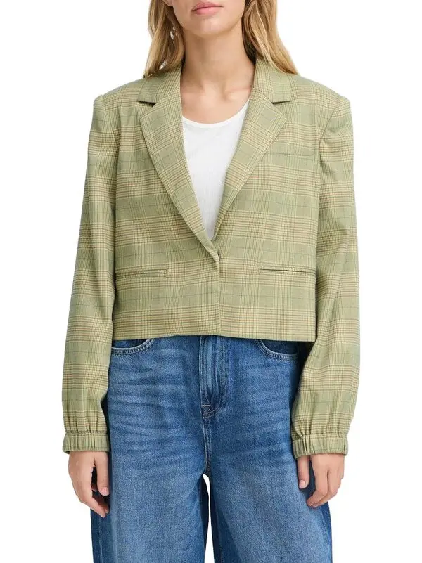 ICHI Joli Crop Plaid Blazer - Green Check