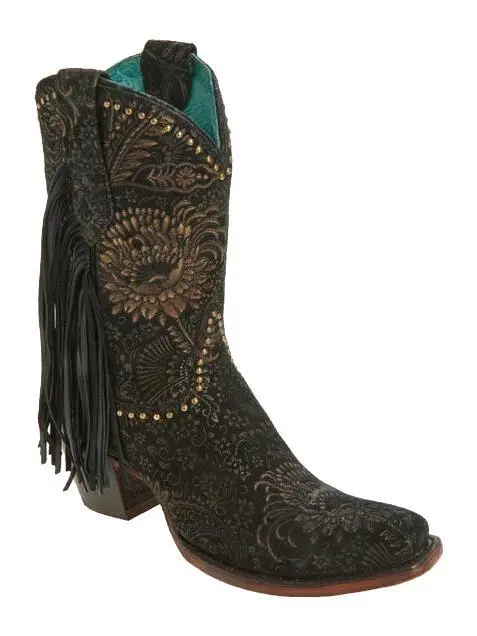 CORRAL Stamped Floral Fringe Western Boots - Black/gold