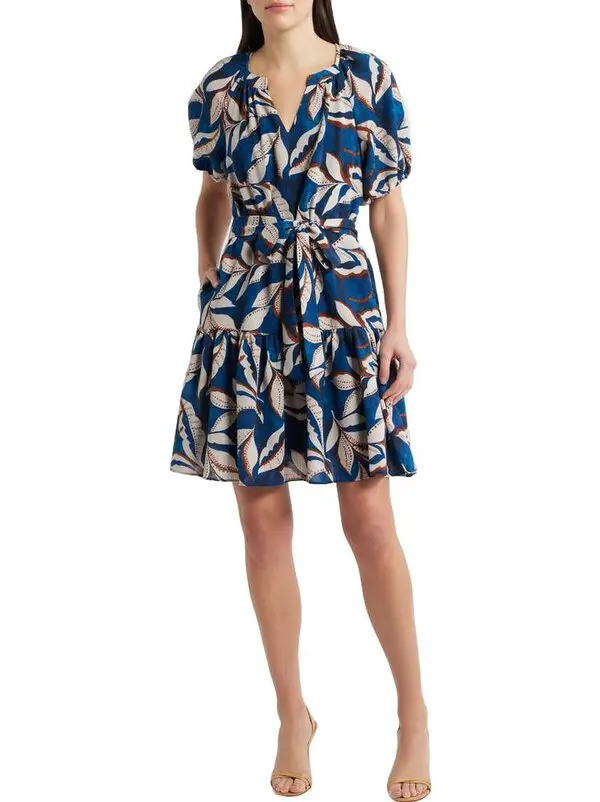 Julia Jordan Puff Sleeve Tie Belt Minidress - Blue Multi