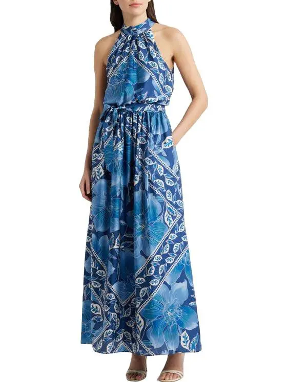 Julia Jordan Printed Satin Maxi Dress - Blue Multi