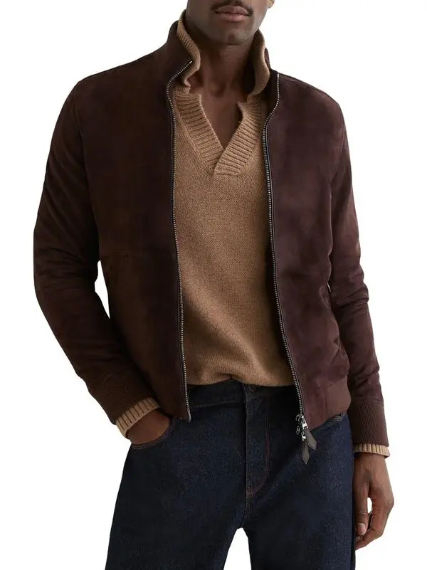 REISS Brent Goatskin Suede Jacket - Chocolate Brown