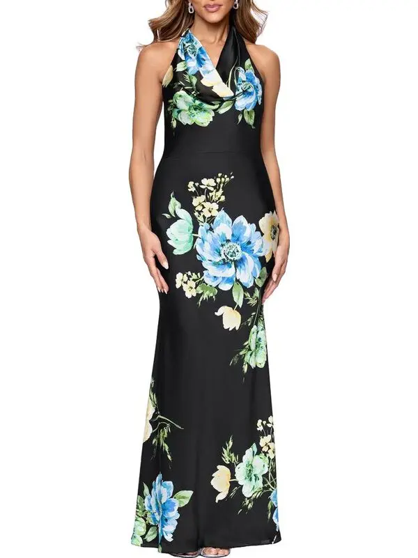 Betsy & Adam Floral Satin Halter Gown - Black/multi