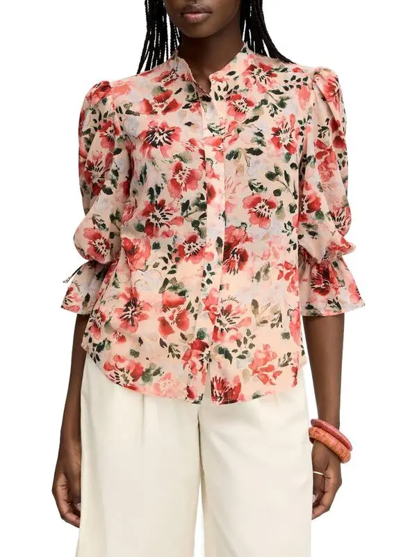 Sam Edelman Floral Print Puff Sleeve Shirt - Almond Watercolor Floral