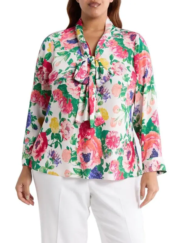 TAHARI ASL Floral Tie Neck Satin Top - Ivory Multi