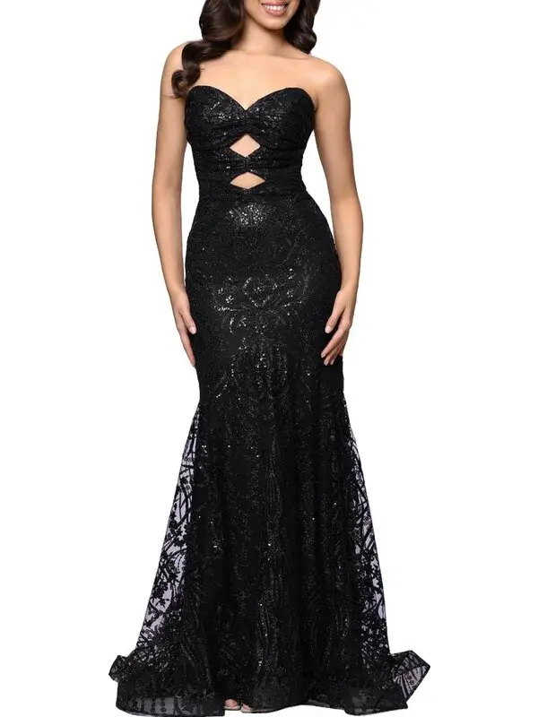 BLONDIE NITES Strapless Glitter Cutout Mermaid Gown - Black