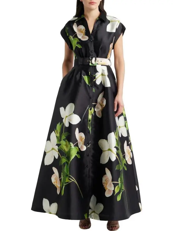 Julia Jordan Belted Floral Mikado Shirtdress - Black