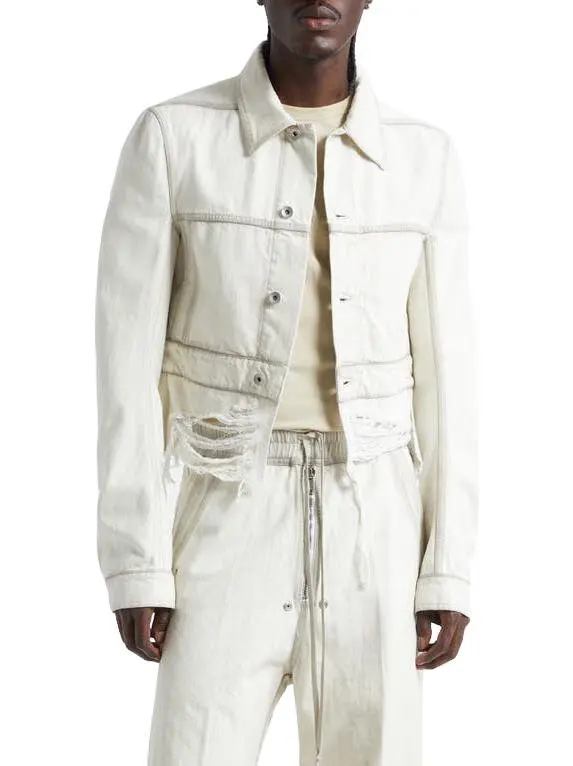 Rick Owens Shredded Crop Denim Work Jacket - Milk Wash