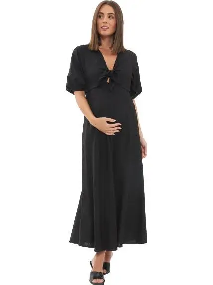 RIPE MATERNITY Camille Tie Front Linen Dress - Black