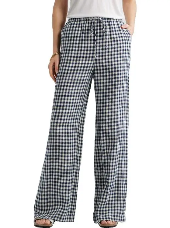 Caslon Easy Wide Leg Linen Pants - Navy Still- Ivory Bea Gingham