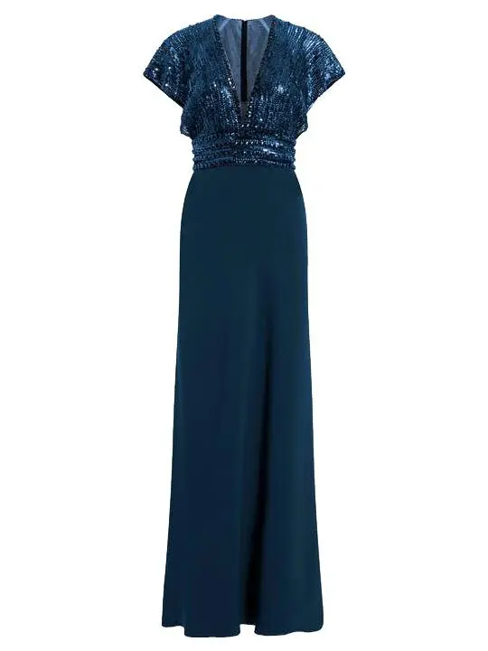 Jenny Packham Sequin V-neck Maxi Dress - Hawks Eye Blue