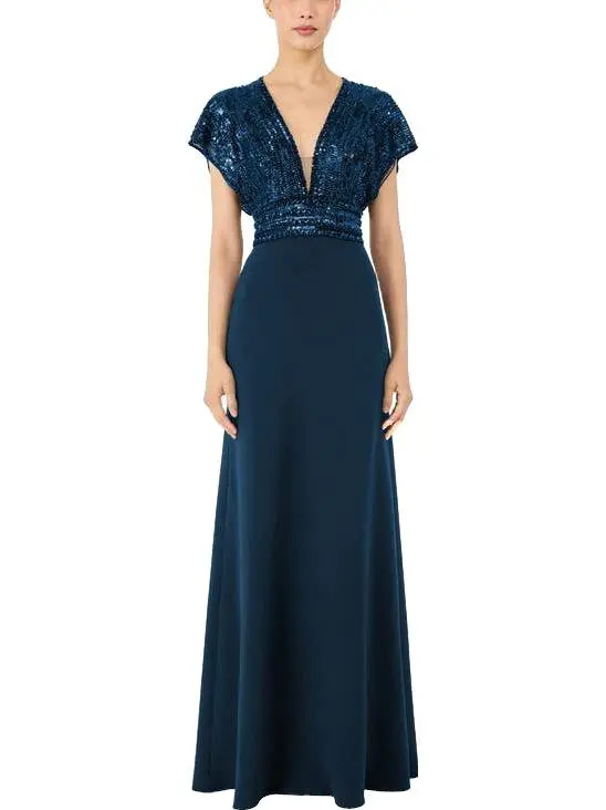 Jenny Packham Sequin V-neck Maxi Dress - Hawks Eye Blue