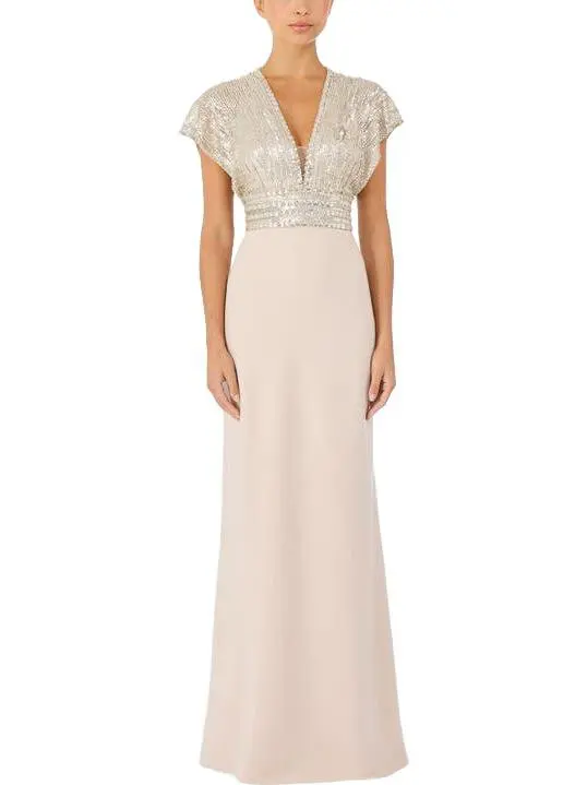 Jenny Packham Sequin V-neck Maxi Dress - Moonstone