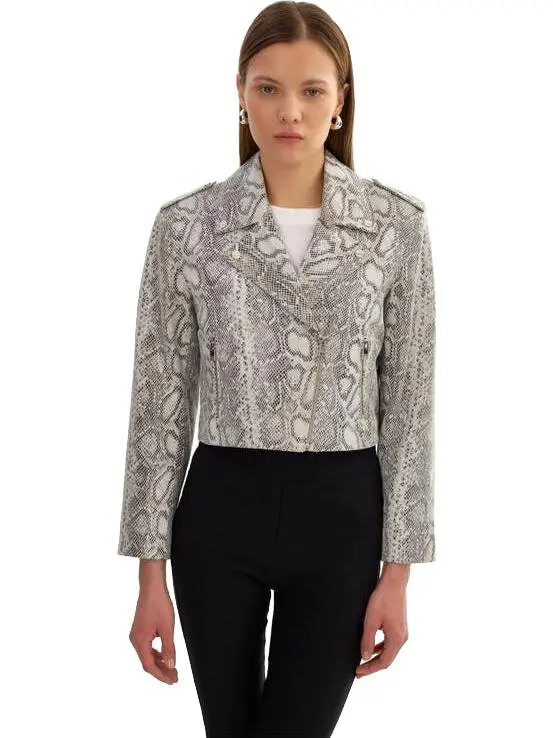 LAMARQUE Leather Cropped Biker Jacket - Snake