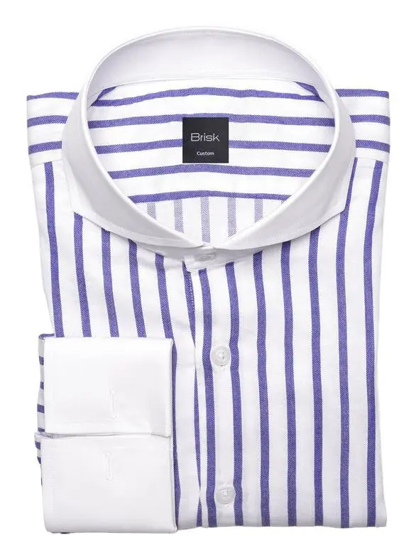 BRISK Striped Pima Cotton Dress Shirt With Cutaway Collar And French Cuffs - Purple Wide Stripes