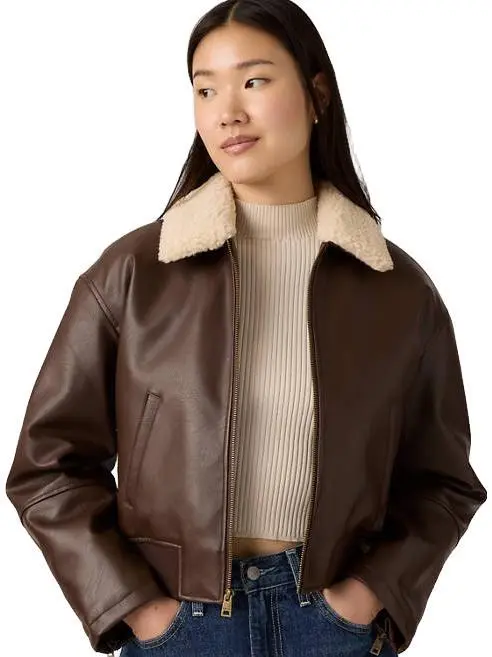 LEVI'S Faux Leather Bomber Jacket With Sherpa Collar - Brown
