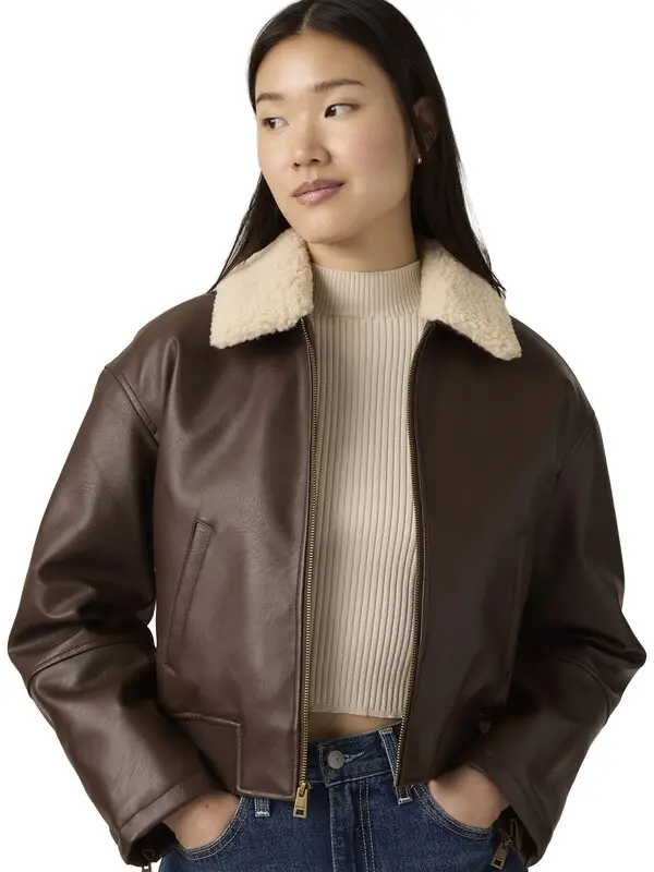 LEVI'S Faux Leather Bomber Jacket With Sherpa Collar - Brown