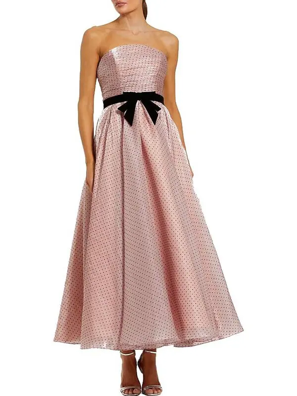 Mac Duggal Petite Polka Dot Organza Strapless Midi Dress With Bow - Rose Pink