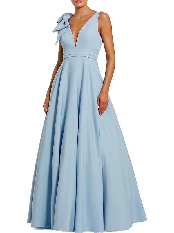 Mac Duggal Petite Sleeveless Plunge Neck Ball Gown With Bow Detail - Powder Blue