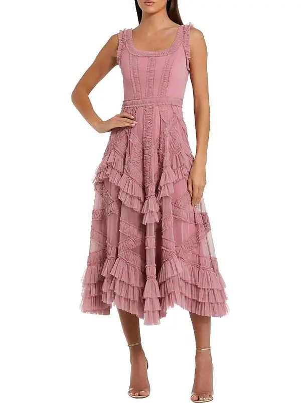 Mac Duggal Petite Sleeveless Ruffle Trim Midi Dress - Antique Rose