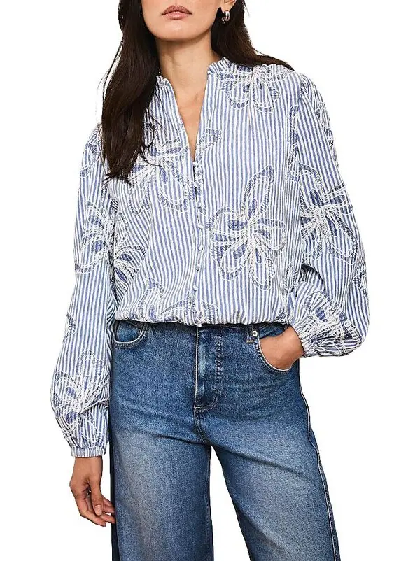 Mint Velvet Striped Embroidered Floral Blouse - Blue