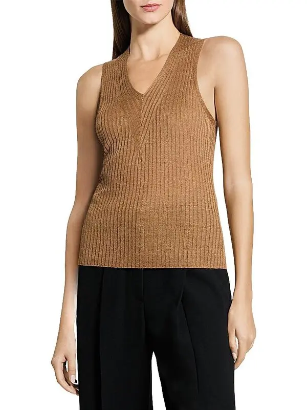 Theory Linen Blend Ribbed Sweater Tank - Mid Khaki