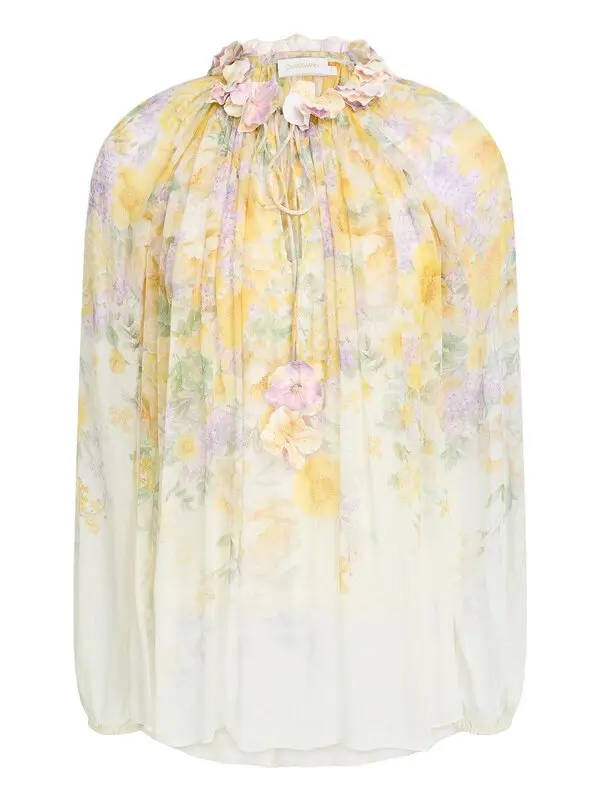 Zimmermann Gathered Floral-print Crepon Blouse - Pastel Yellow