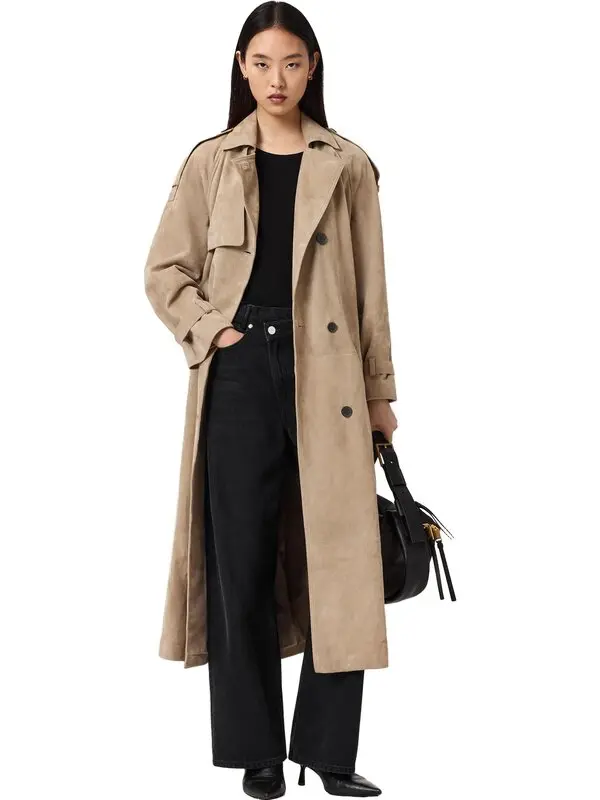 ALLSAINTS Reed Suede Trench Coat - Taupe Brown