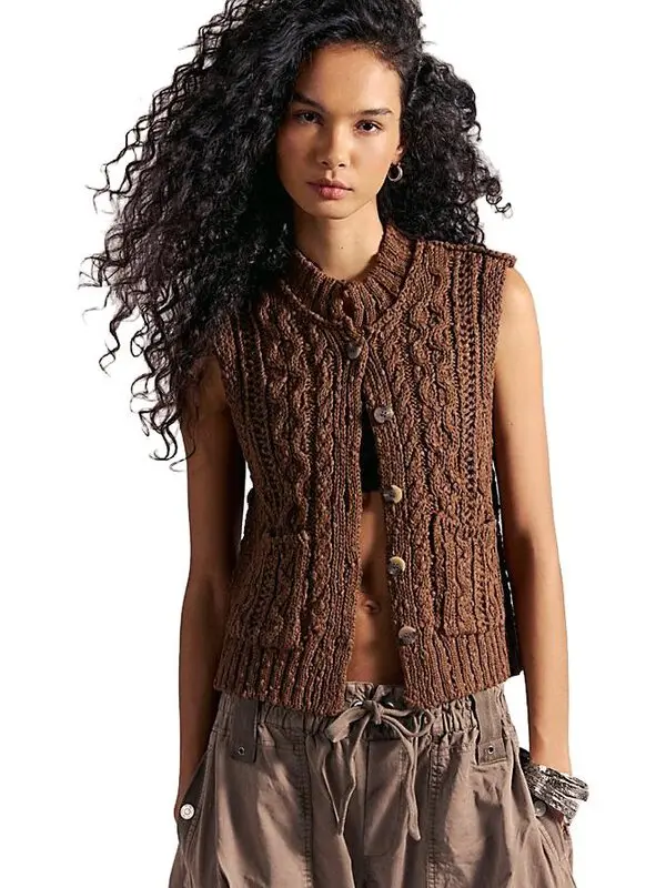 Free People Mable Cable Knit Sweater Vest - Chocolate