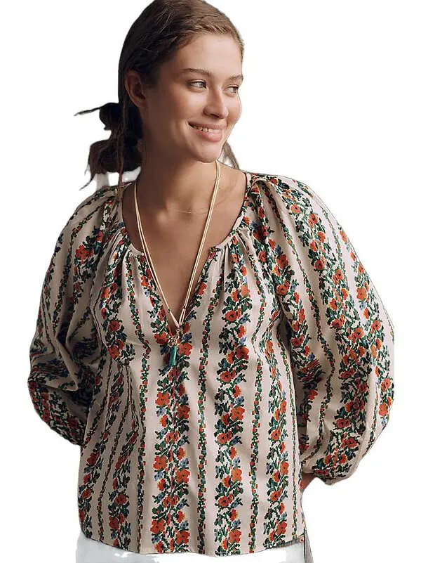The Great. Chariot Long-sleeve V-neck Top - Tapestry Floral
