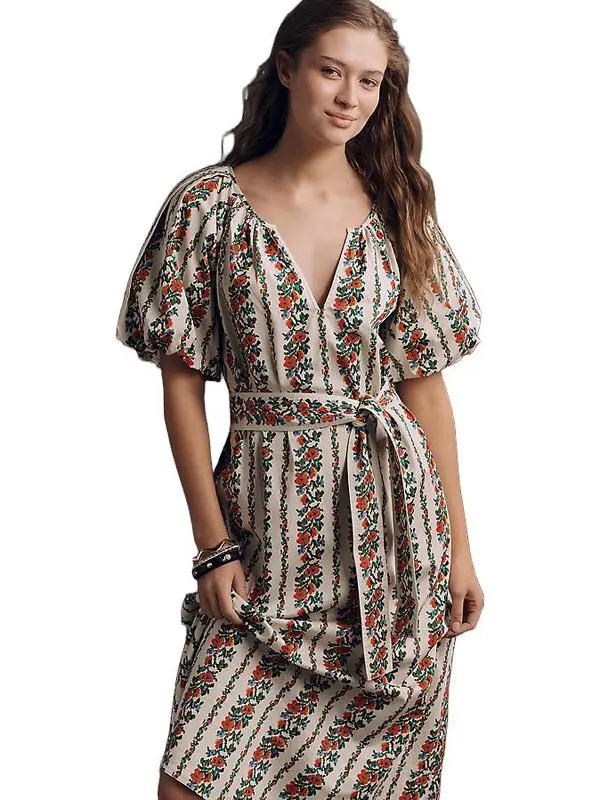 The Great. Fairground Belted Puff-sleeve Midi Dress - Tapestry Floral