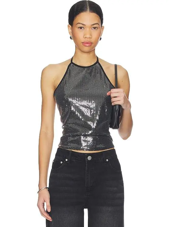 Miaou Natalia Sequin Halterneck Top - Black