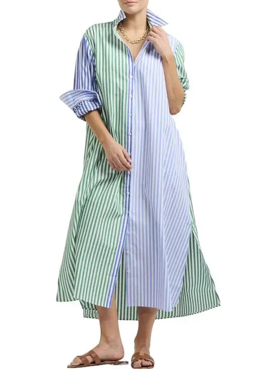 SHIRTY Mixed Stripe Long Sleeve Shirtdress - Blue/green Combo Stripe