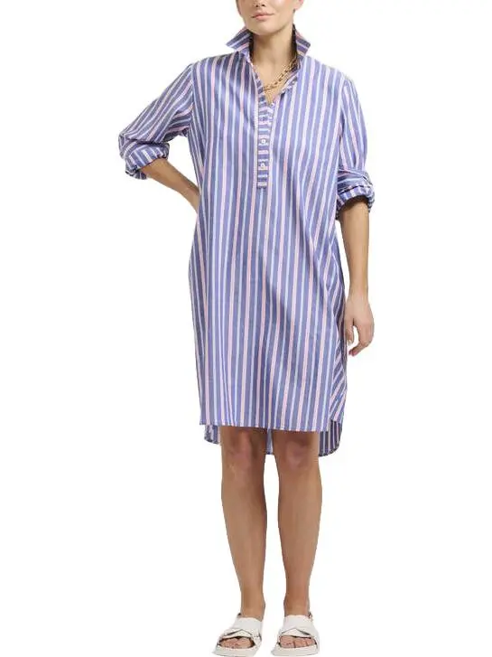 SHIRTY Classic Stripe Long Sleeve Shirt Dress - Chambray Neon Pink Stripe