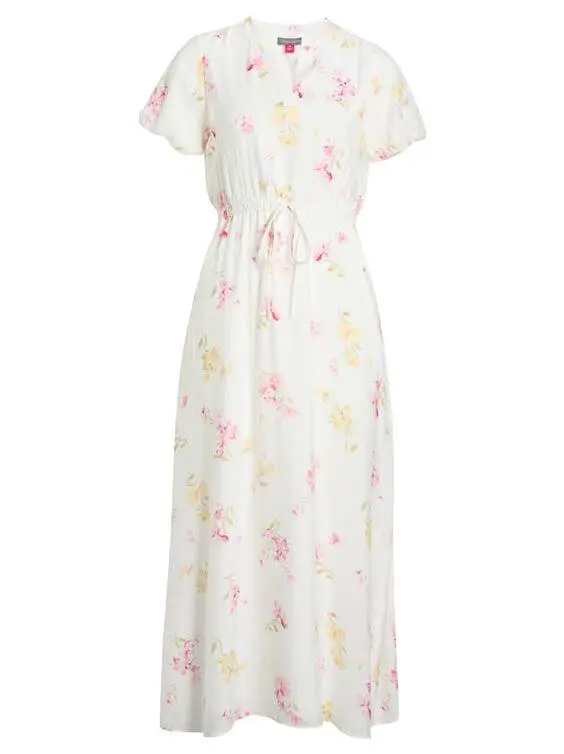 Vince Camuto Floral Split Neck Midi Dress - Lemon Cream