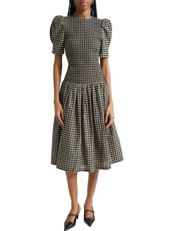 TANNER FLETCHER Gender Inclusive Imelda Smocked Plaid Midi Dress - Black