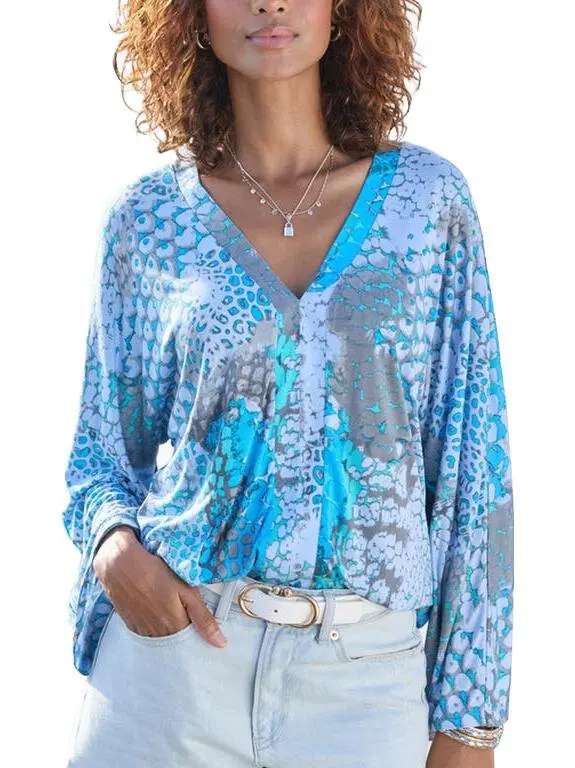 LASCANA Printed Long Sleeve V-neck Top - Blue-printed