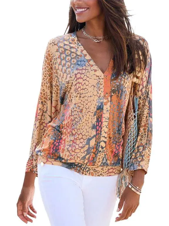 LASCANA Printed Long Sleeve Top - Orange Multi