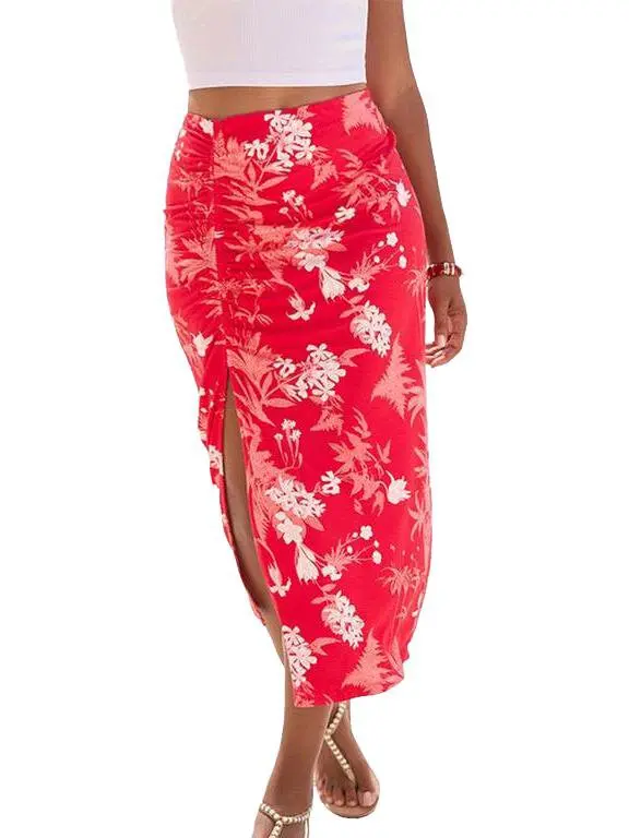 LASCANA Ruched Slit Midi Skirt - Red Printed