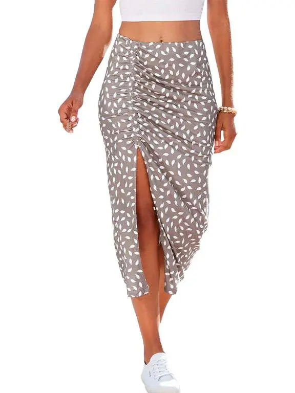 LASCANA Ruched Slit Midi Skirt - Taupe Patterned