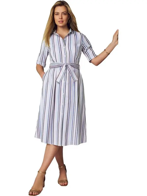 JESSICA LONDON Stretch Poplin Shirtdress - Blue Multi Stripe