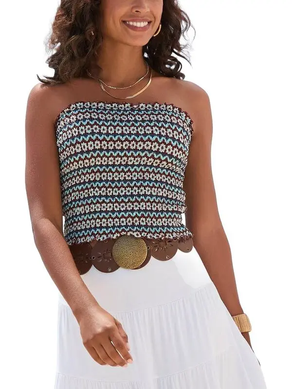 LASCANA Smocked Strapless Printed Cropped Top - Blue Multi