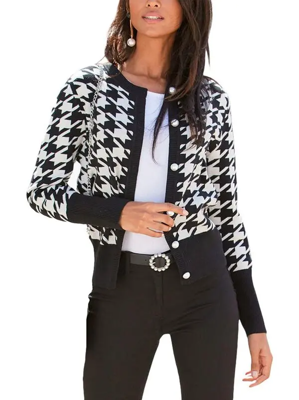 LASCANA Houndstooth Cardigan With Pearl Button - Black Patterned