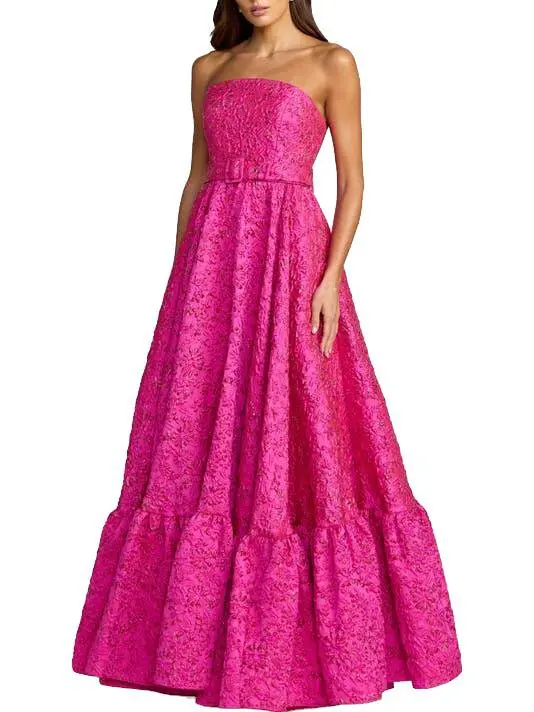 Mac Duggal Strapless Floral Brocade Gown With Belt And Ruffle Hem - Hot Pink