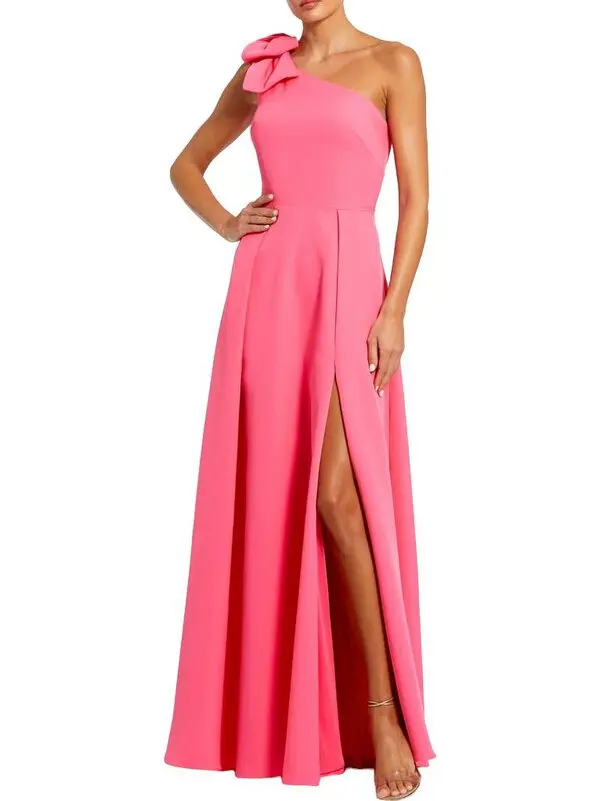 Mac Duggal Sleeveless Crepe Gown With Bow And Slit - Candy Pink