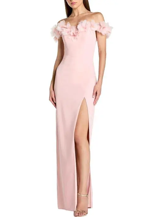 Mac Duggal Off-the-shoulder Column Gown With 3d Floral Detail - Dusty Rose