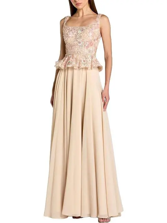 Mac Duggal Embroidered Peplum Top Chiffon Skirt Gown - Champagne