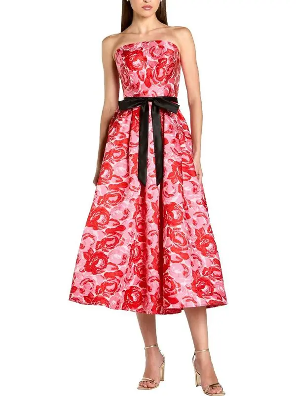 Mac Duggal Brocade A-line Midi Dress With Bow - Red Multi