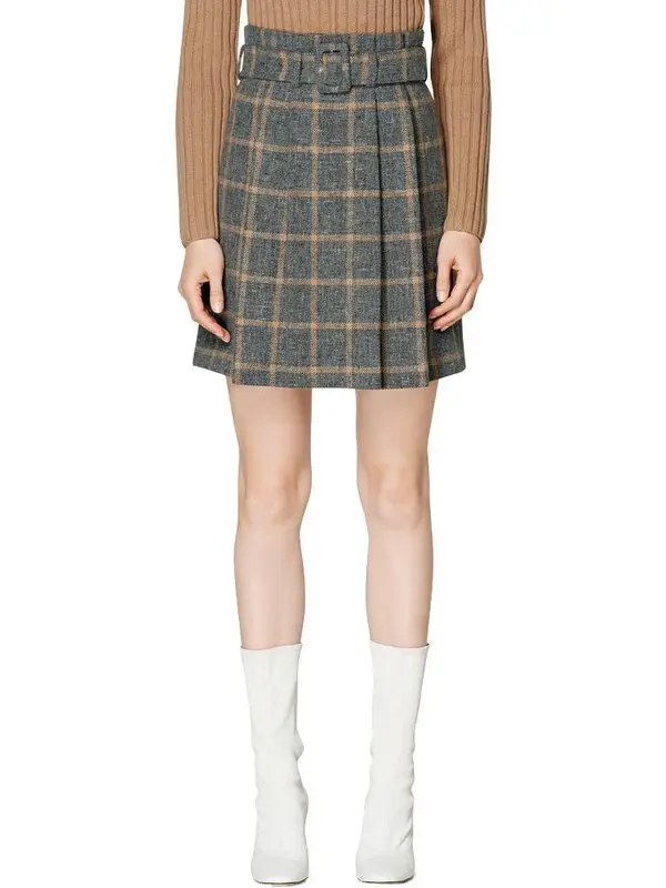 SUISTUDIO Plaid Pleated Alpaca & Wool Blend Miniskirt - Grey/camel Check